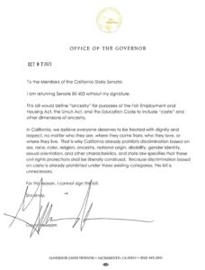 California Caste Bill SB-403 vetoed by Governor Newsom - HAF statement